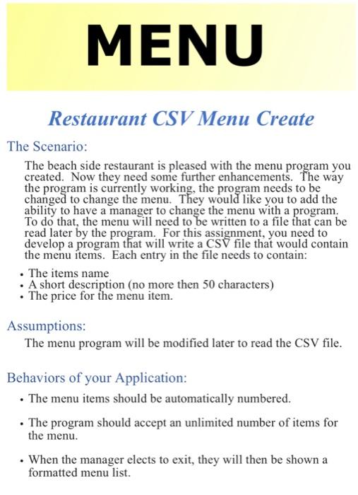 Solved Restaurant CSV Menu Create The Scenario: The beach | Chegg.com