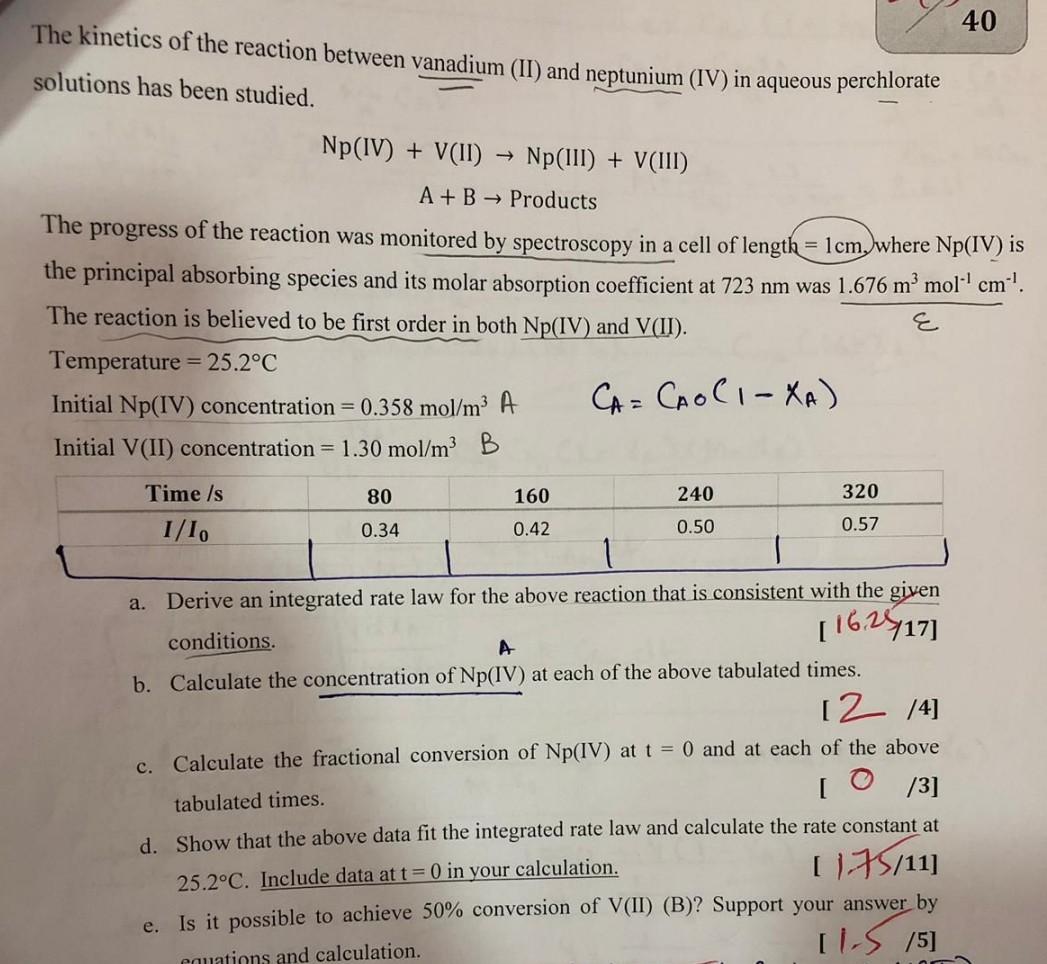 Solved The kinetics of the reaction between vanadium (II) | Chegg.com