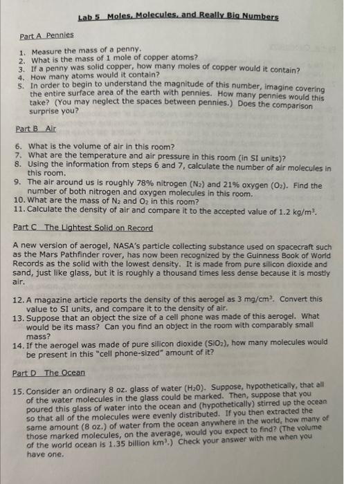 Solved Lab 5 Moles, Molecules, and Reallv Bio Numbers Part A | Chegg.com