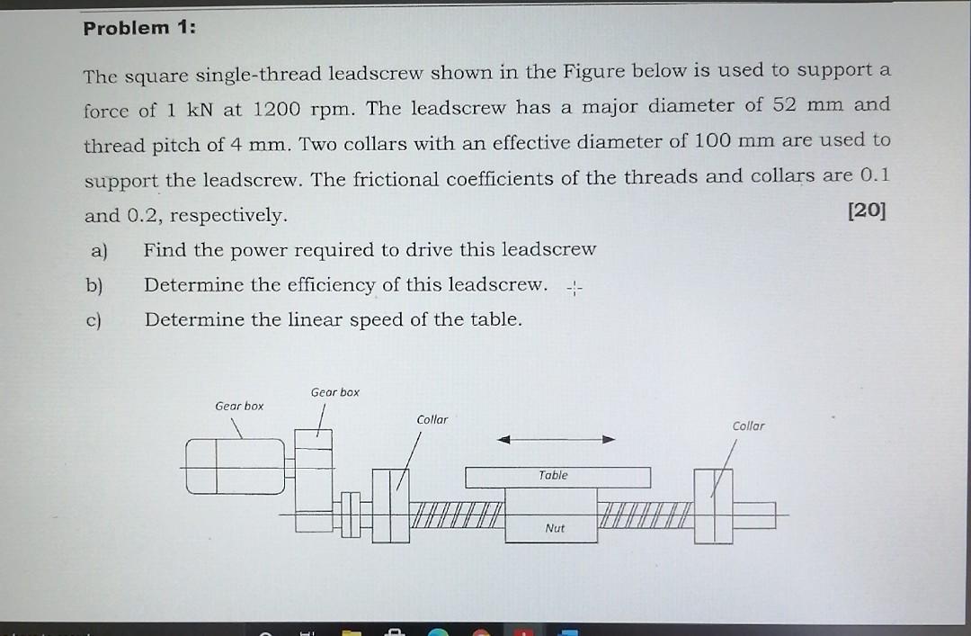 Solved Problem 1: The square single-thread leadscrew shown | Chegg.com