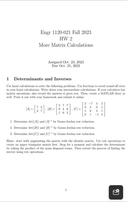 Solved Engr 1120-021 Fall 2023 HW 2 More Matrix Calculations | Chegg.com
