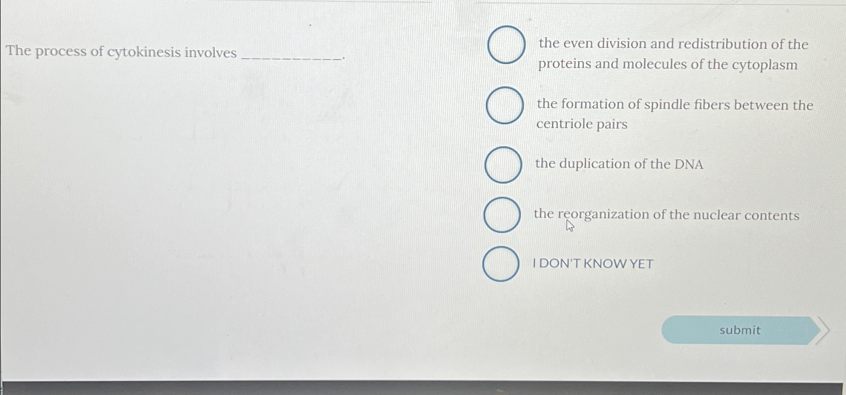 Solved The process of cytokinesis involvesthe even division | Chegg.com