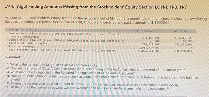 Solved E11-6 (Algo) Finding Amounts Missing from the | Chegg.com