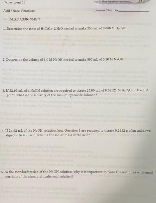 Solved Experiment 14 Na Acid / Base Titrations Drawer Number | Chegg.com