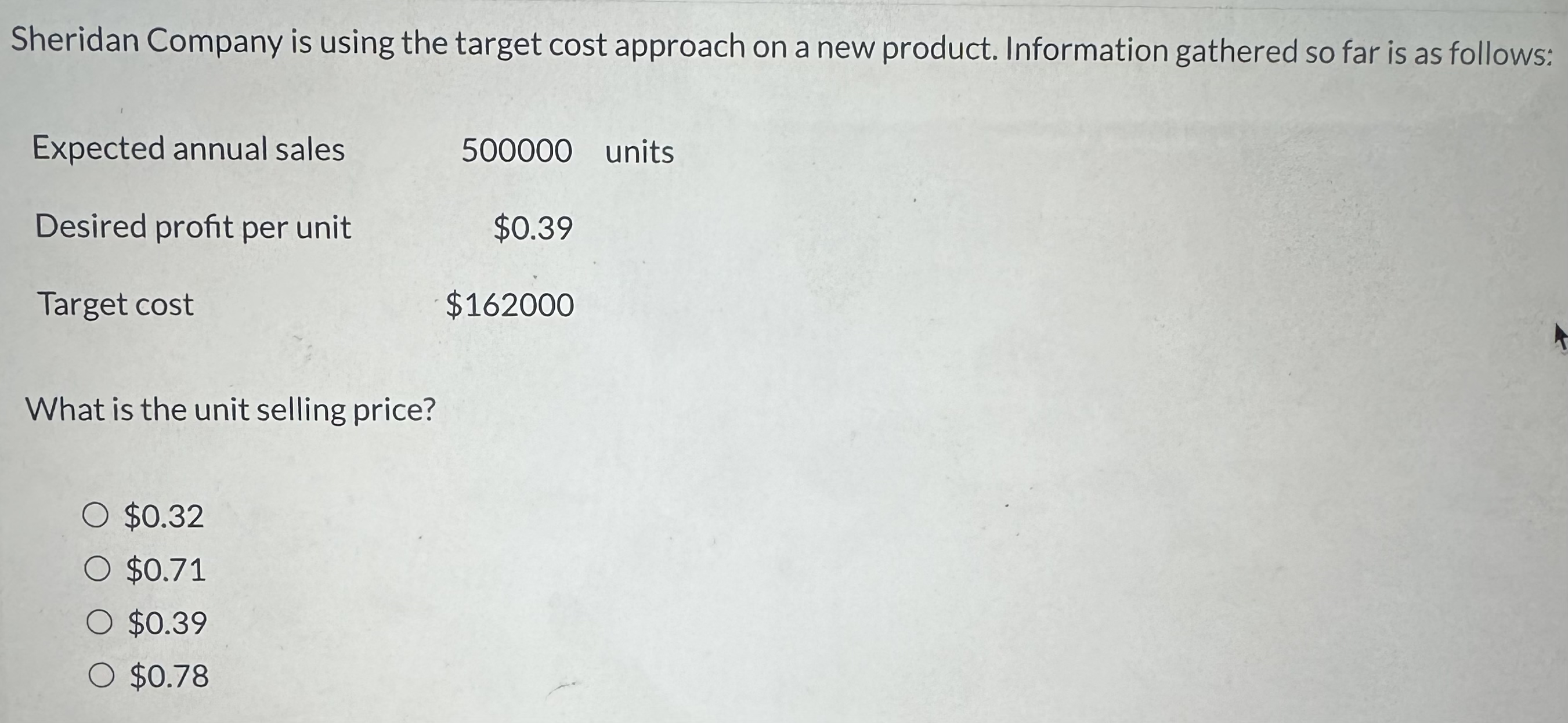 Solved Sheridan Company is using the target cost approach on | Chegg.com