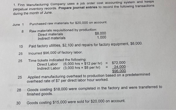 Solved 1. Finn Manufacturing Company uses a job order cost | Chegg.com