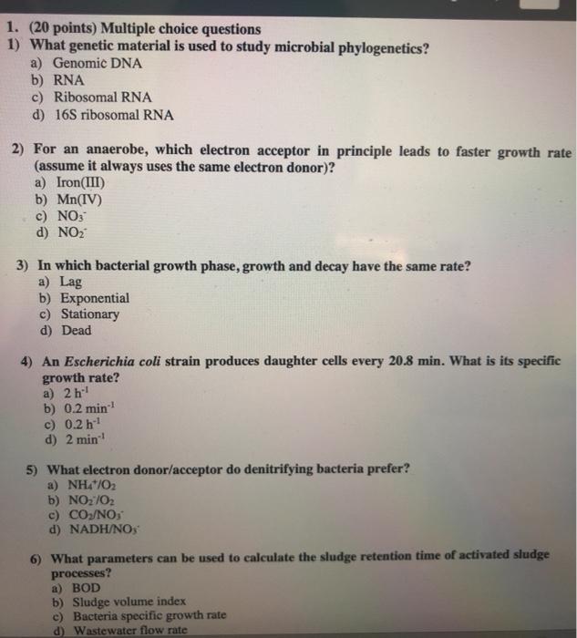 Solved 1. (20 points) Multiple choice questions 1) What | Chegg.com