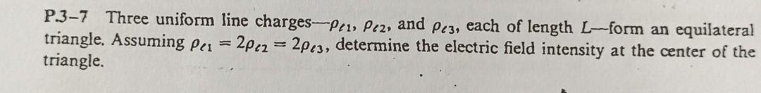 Solved P.3-7 Three uniform line charges-Pere Pez, and Pe3, | Chegg.com