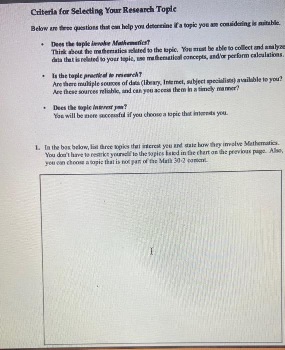 Solved Criteria for Selecting Your Research Topic Below are | Chegg.com