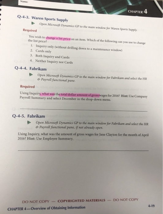 Name: CHAPTER 4 ASSIGNMENTS PART 1 - QUESTIONS | Chegg.com