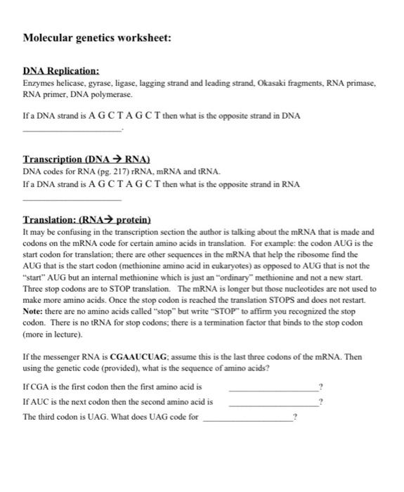 Solved Molecular genetics worksheet: DNA Replication: | Chegg.com