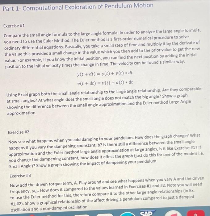 Part 1- Computational Exploration of Pendulum Motion | Chegg.com