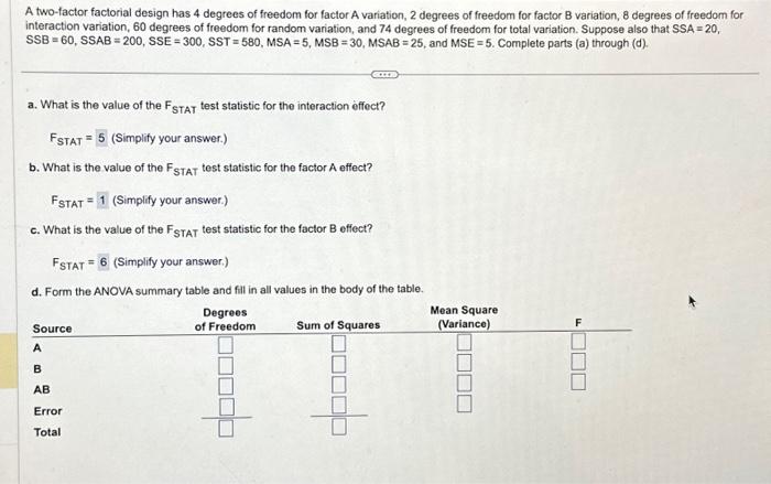 Solved A two-factor factorial design has 4 degrees of | Chegg.com