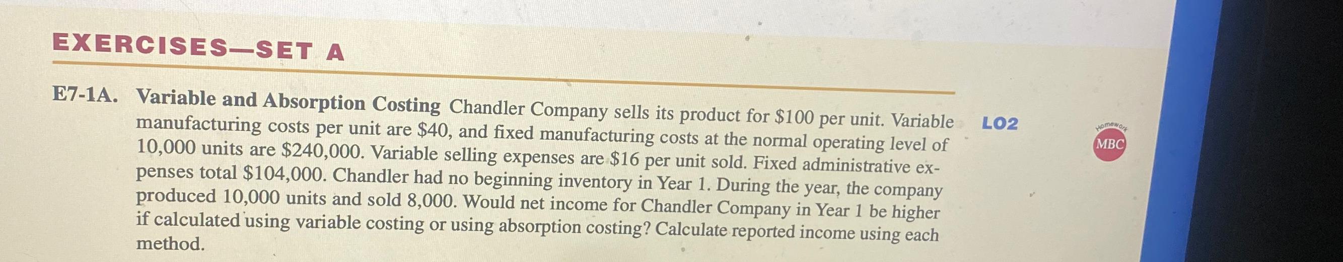 Solved EXERCISES-SET AE7-1A. ﻿Variable and Absorption | Chegg.com