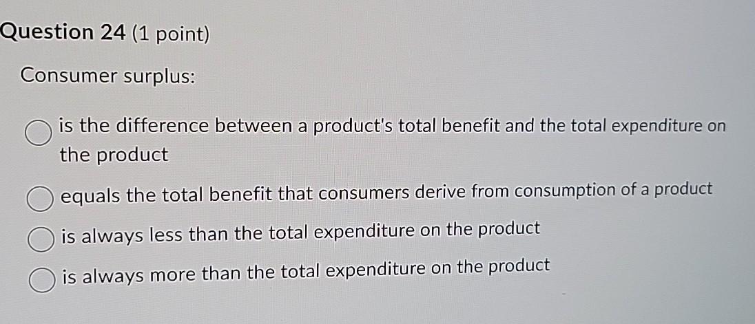 Solved Question 24 (1 ﻿point)Consumer surplus:is the | Chegg.com