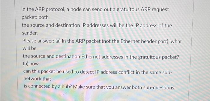 Solved In the ARP protocol, a node can send out a gratuitous | Chegg.com