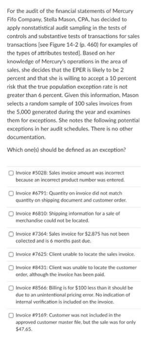 Solved For the audit of the financial statements of Mercury | Chegg.com