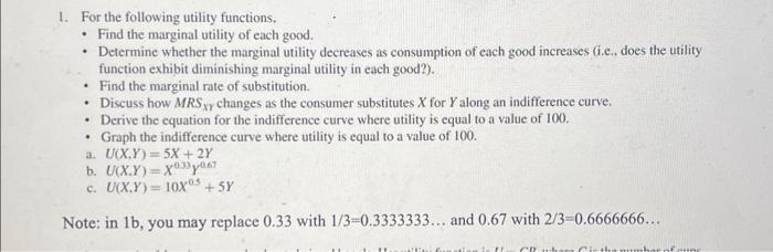 Solved 1. For the following utility functions. - Find the | Chegg.com
