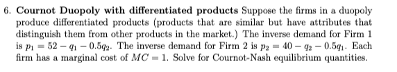 Solved Cournot Duopoly with differentiated products Suppose | Chegg.com