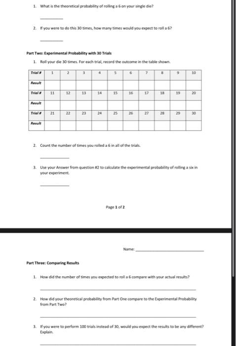 Solved 1. What is the theoretical probabilty of rolling a 6 | Chegg.com