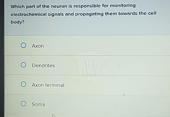Solved Which part of the neuron is responsible for | Chegg.com