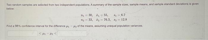 Solved Two random samples are selected from two independent | Chegg.com