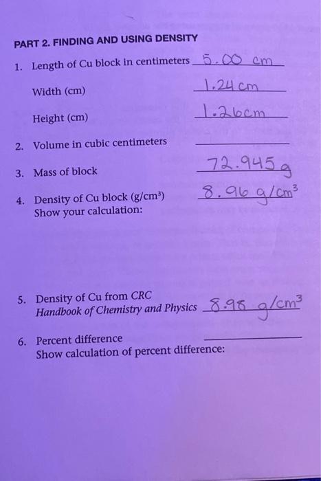 Solved PART 2. FINDING AND USING DENSITY 1. Length of Cu | Chegg.com