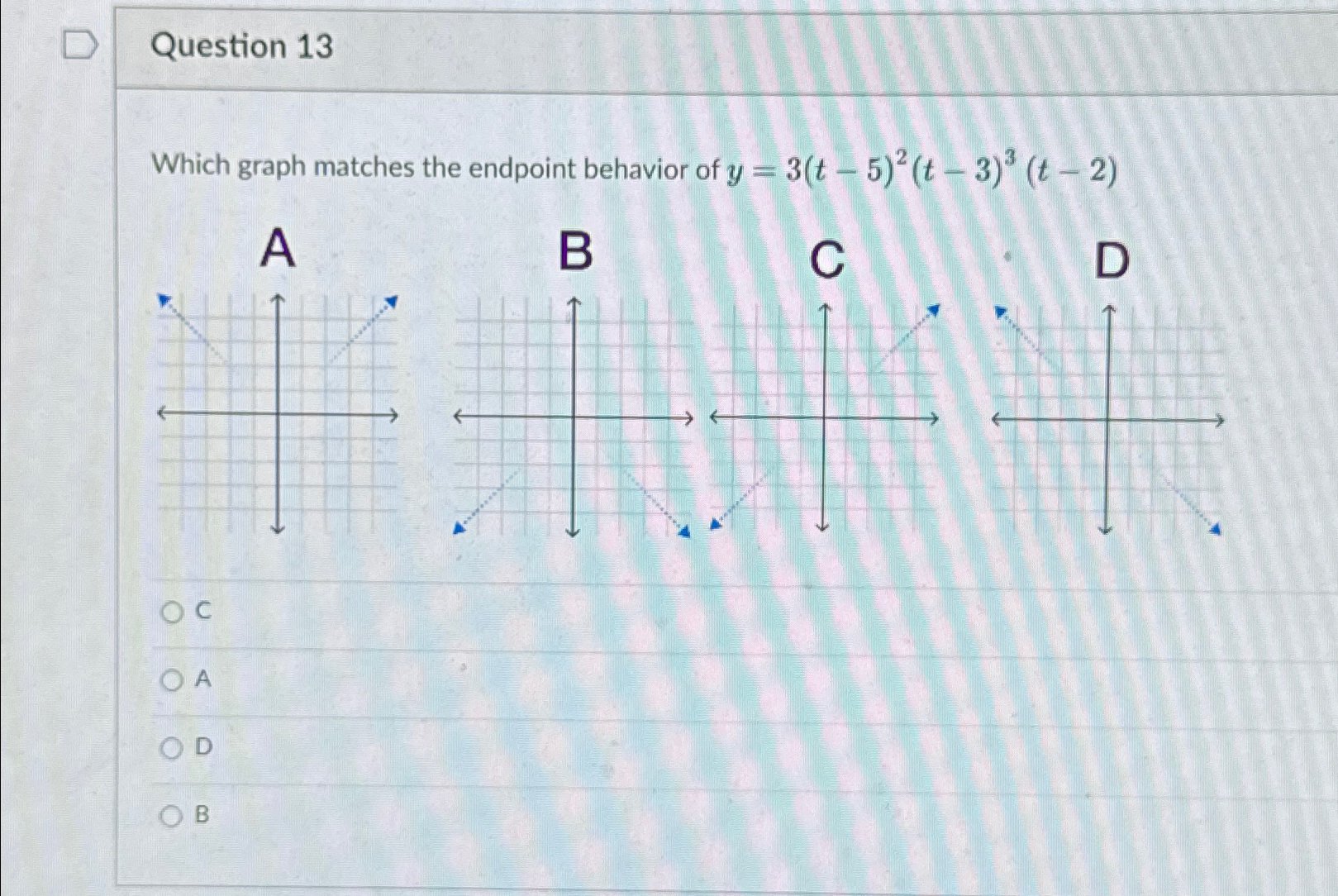 Solved Question 13Which graph matches the endpoint behavior | Chegg.com Solved Question 13Which graph matches the endpoint behavior | Chegg.com