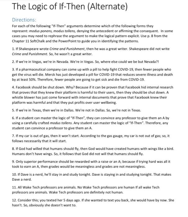 Solved Directions: For each of the following "If-Then" | Chegg.com