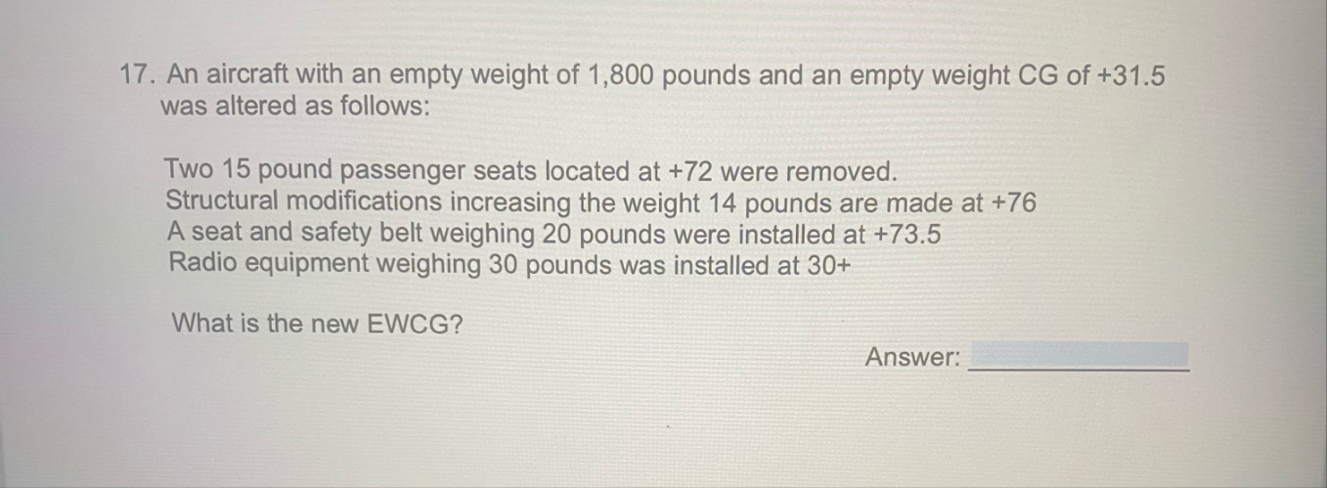 Solved An aircraft with an empty weight of 1,800 ﻿pounds and | Chegg.com