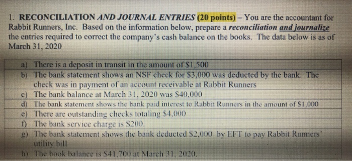 Solved 1. RECONCILIATION AND JOURNAL ENTRIES (20 points) - | Chegg.com