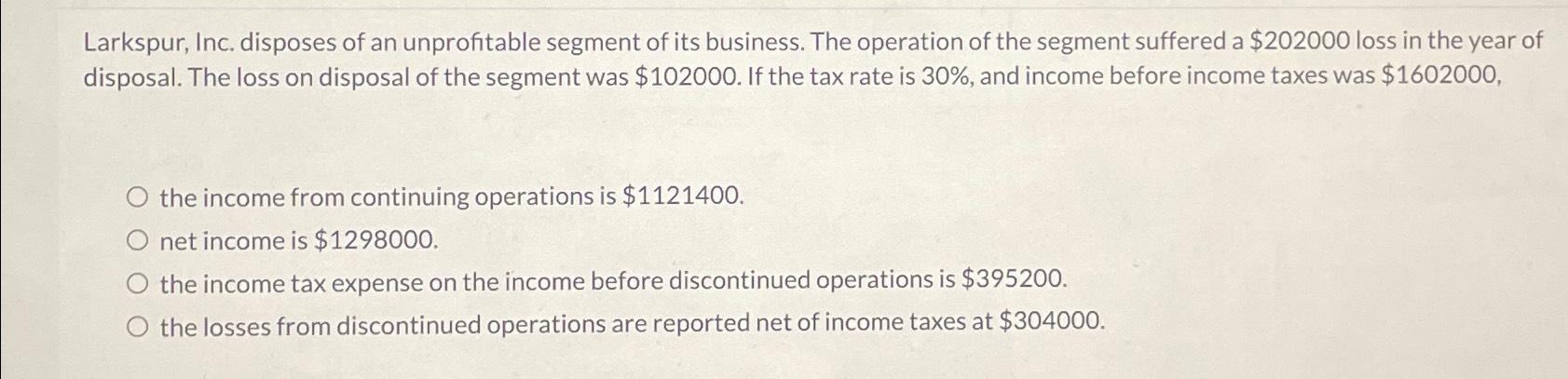 Solved Larkspur, Inc. disposes of an unprofitable segment of | Chegg.com