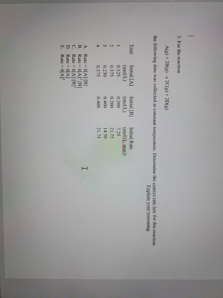 Solved 3. For the reaction A(g) + 2B(8) 2C(8) + 2D(3) the | Chegg.com