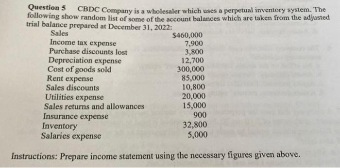 Solved Question 5 CBDC Company is a wholesaler which uses a | Chegg.com