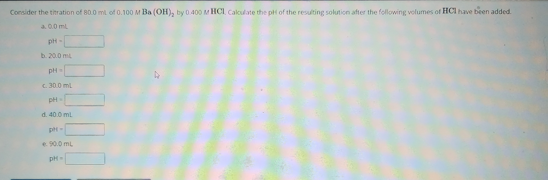 Solved Consider the titration of 80.0 ﻿mL of 0.100MBa(OH)2 | Chegg.com