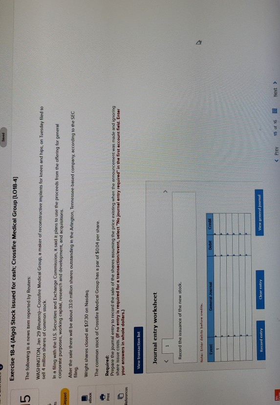 Solved Savud Exercise 18-4 (Algo) Stock issued for cash; | Chegg.com