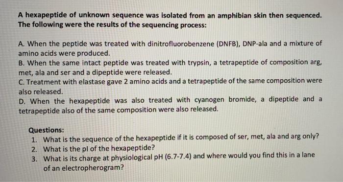 Solved A hexapeptide of unknown sequence was isolated from | Chegg.com
