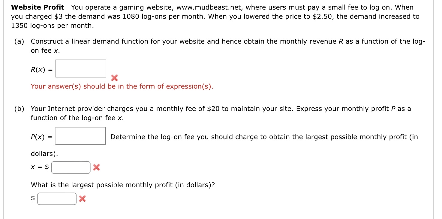 Solved Website Profit You operate a gaming website, | Chegg.com
