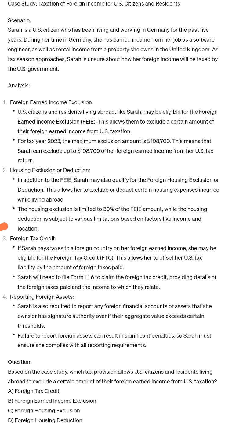 Solved Case Study: Taxation of Foreign Income for U.S. | Chegg.com
