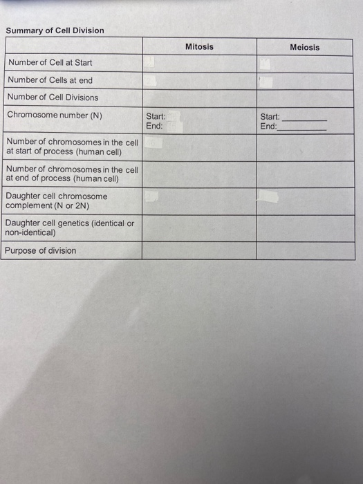 Solved Summary of Cell Division Mitosis Meiosis Number of | Chegg.com