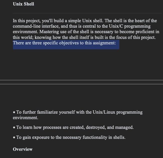 Unix Shell In this project, you'll build a simple | Chegg.com