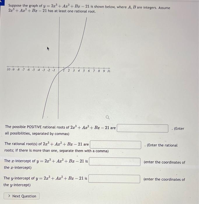 Solved Suppose the graph of y=2x3+Ax2+Bx−21 is shown below, | Chegg.com