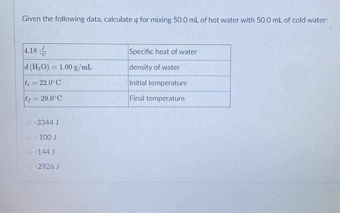 Solved Given the following data, calculate for mixing 50.0 | Chegg.com
