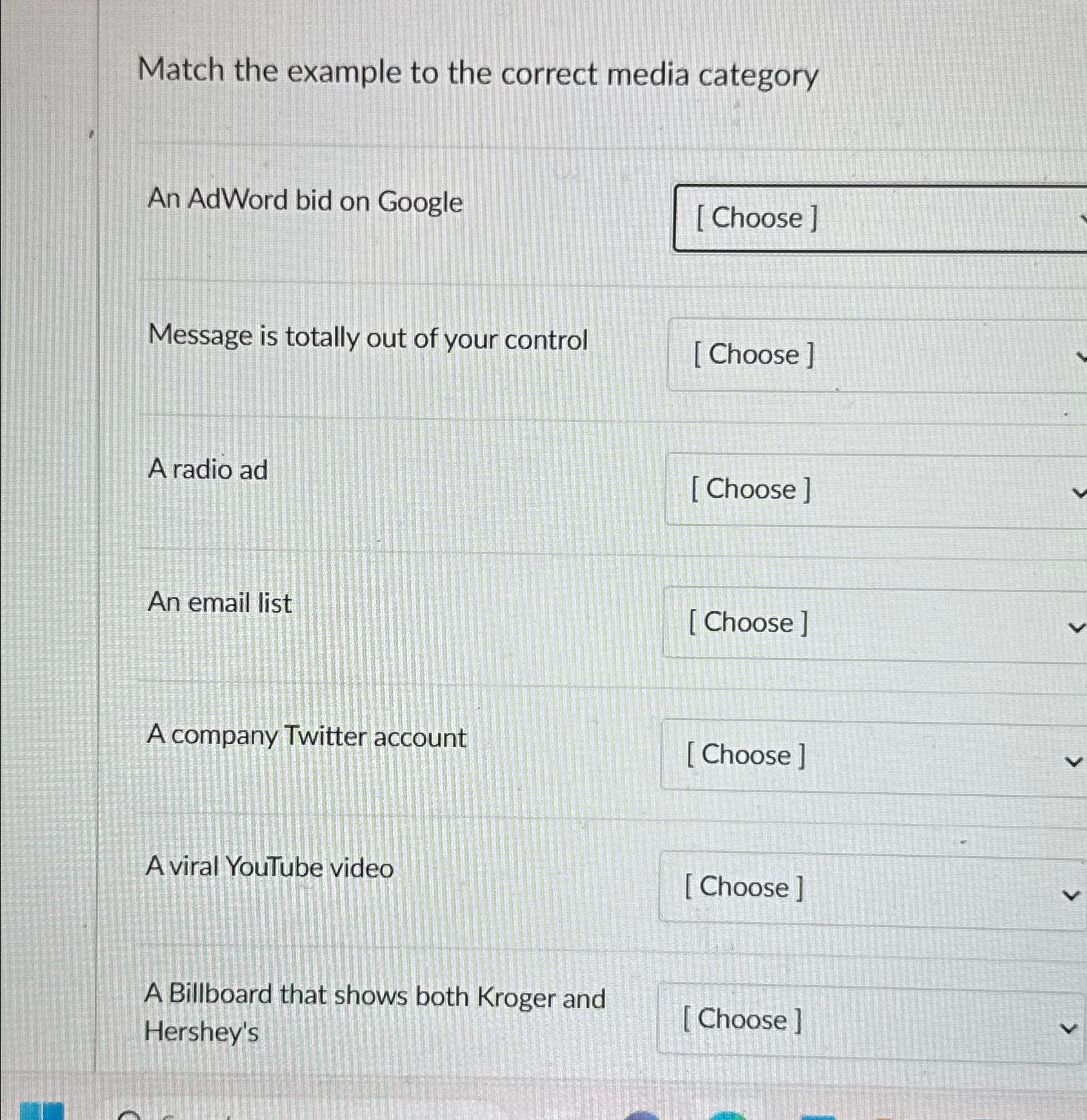 Solved Match the example to the correct media categoryAn | Chegg.com