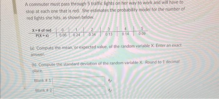 Solved A commuter must pass through 5 traffic lights on her | Chegg.com
