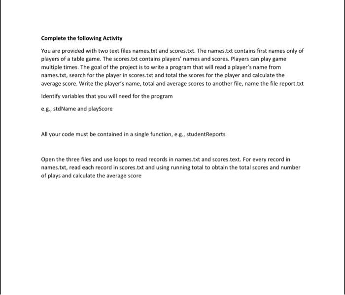 Solved Complete The Following Activity You Are Provided With 