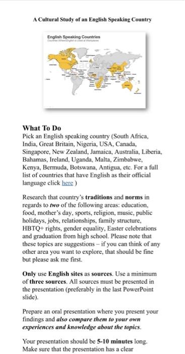A Cultural Study of an English Speaking Country | Chegg.com