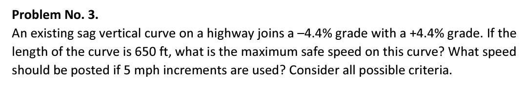 Solved Problem No. 3. An existing sag vertical curve on a | Chegg.com