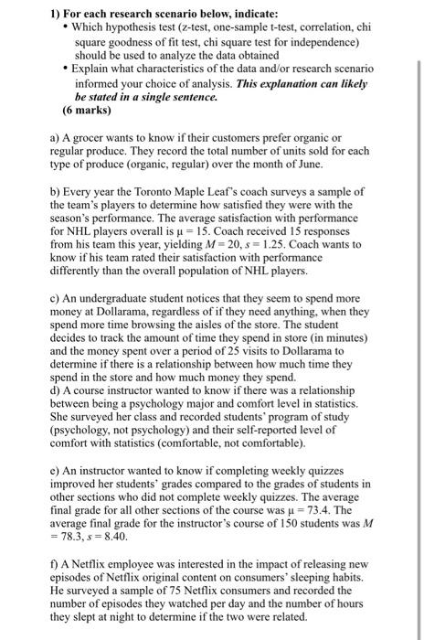 Solved 1) For each research scenario below, indicate: • | Chegg.com