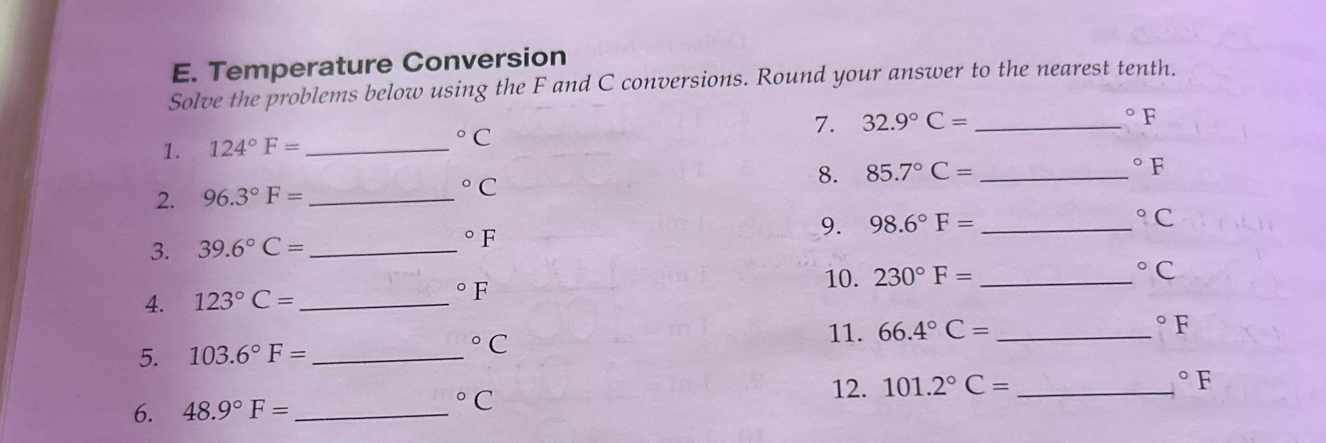 Solved E. ﻿Temperature ConversionSolve the problems below | Chegg.com